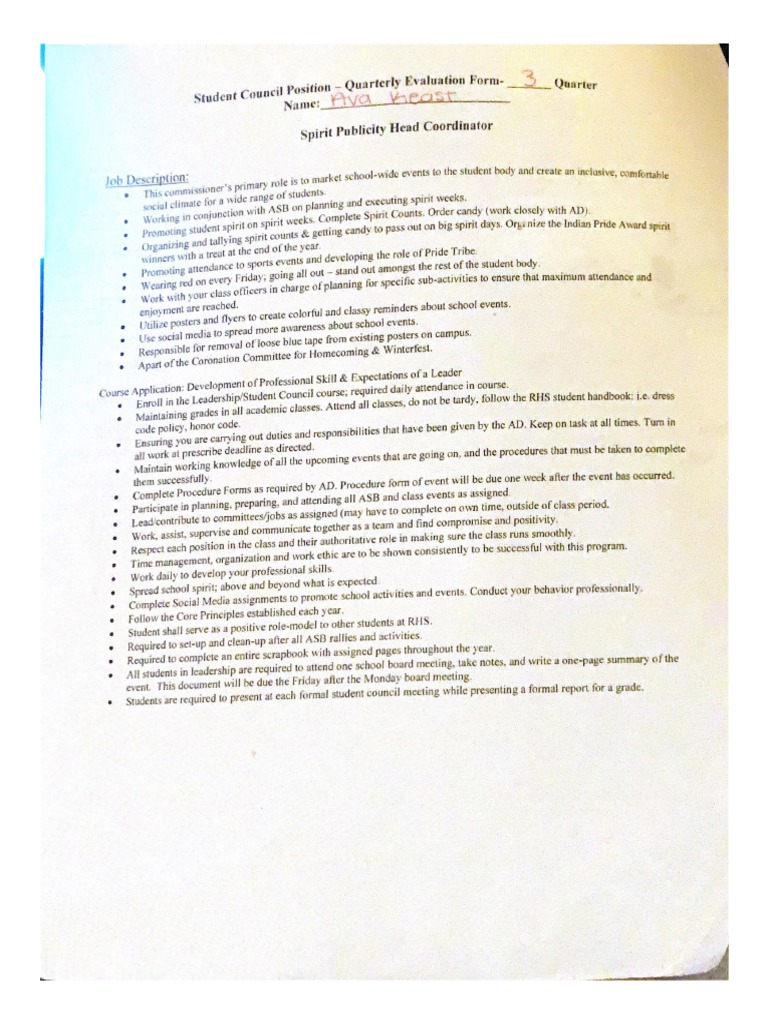 Student Council Position - Quarterly Evaluation Form | PDF