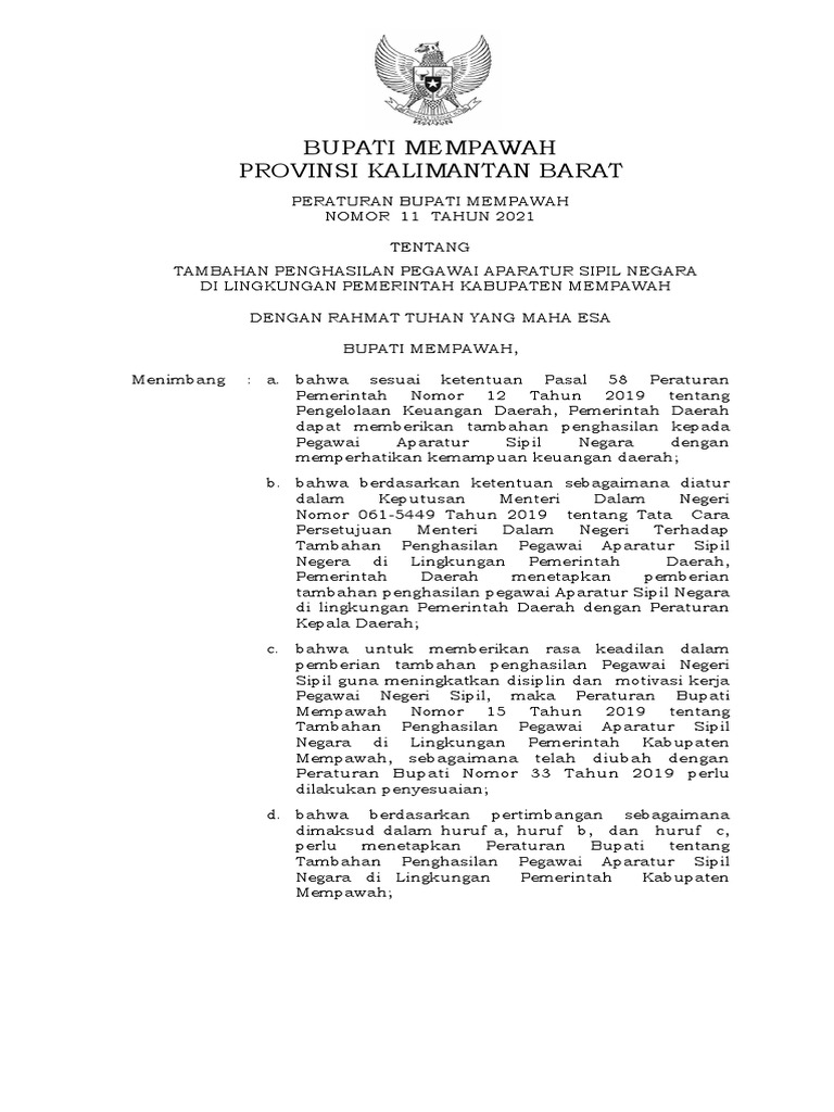 Perbup No 11 TH 2021 Tentang TPP Asn Kab - Mempawah PDF | PDF