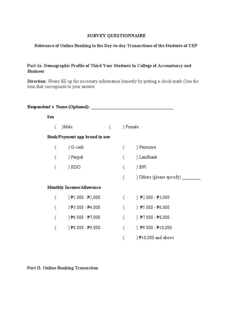 SURVEY QUESTIONNAIRE - Online Banking | PDF | Payments | Banks & Banking SURVEY QUESTIONNAIRE - Online Banking | PDF | Payments | Banks & Banking
