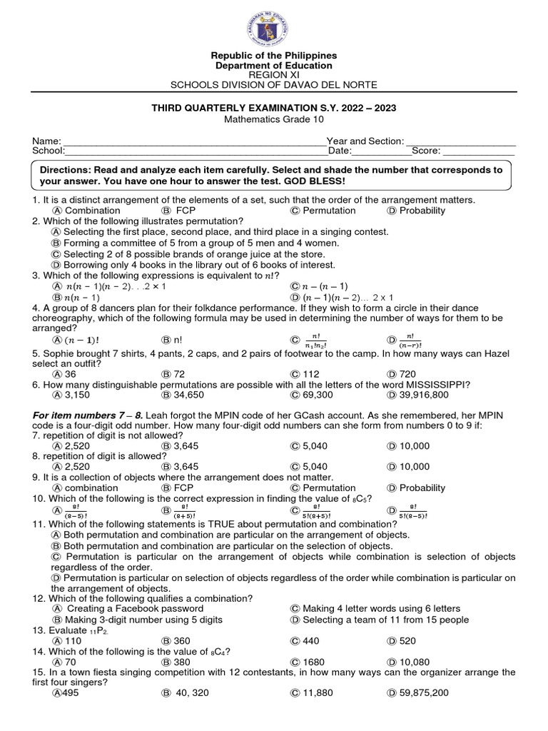 G10_Mathematics_3rdQuarterExam.pdf | PDF | Permutation | Mathematics