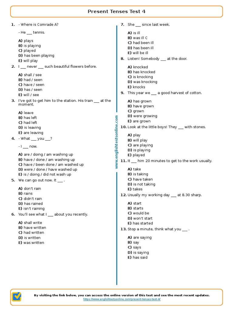 Present Tenses Test with Answers | PDF