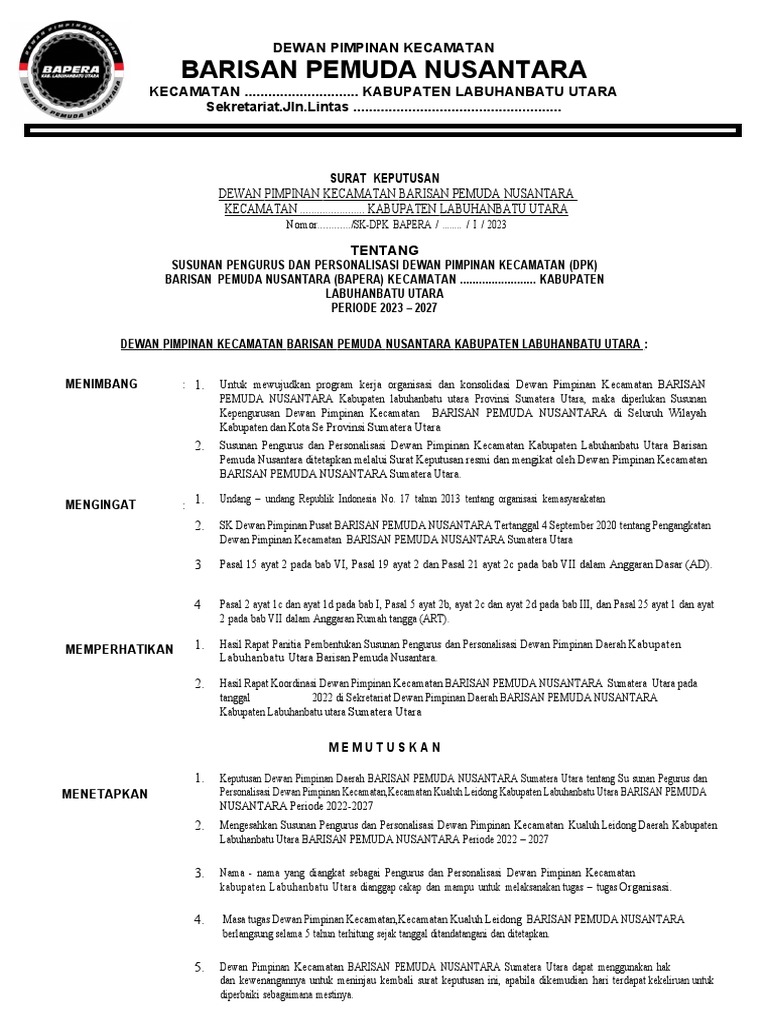 Contoh SK DPK - Bapera | PDF | Pengelolaan Keuangan & Uang