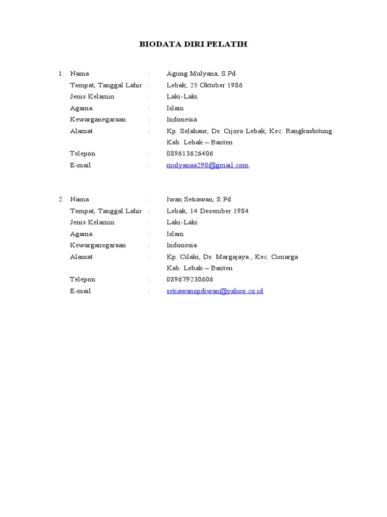 Biodata Diri Pelatih | PDF