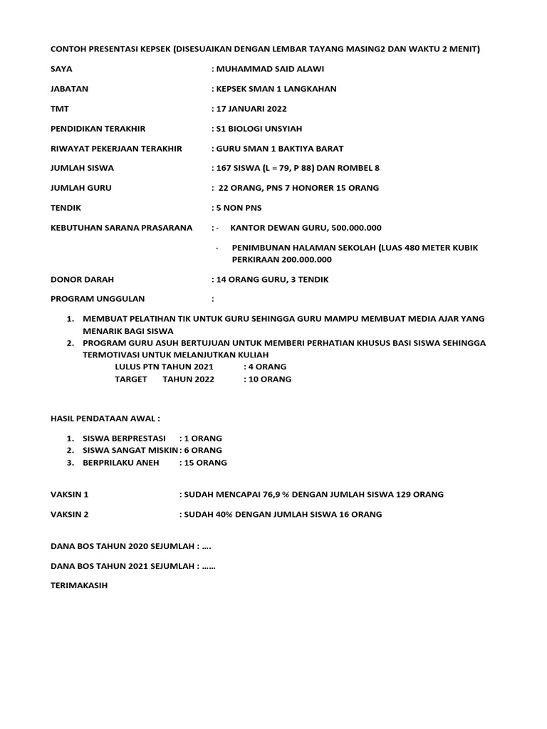 Contoh Presentasi Kepsek PDF | PDF