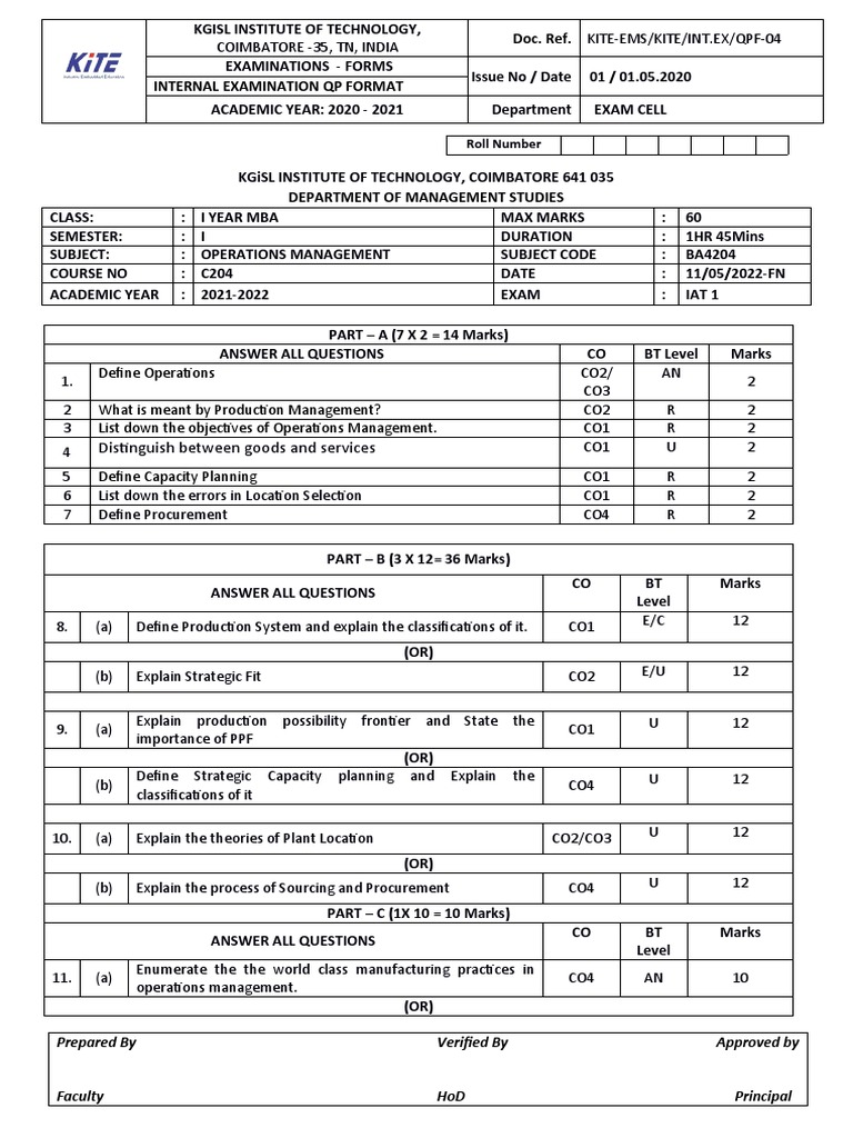 Ba4204 Om Iat 1 Question Paper | PDF Ba4204 Om Iat 1 Question Paper | PDF