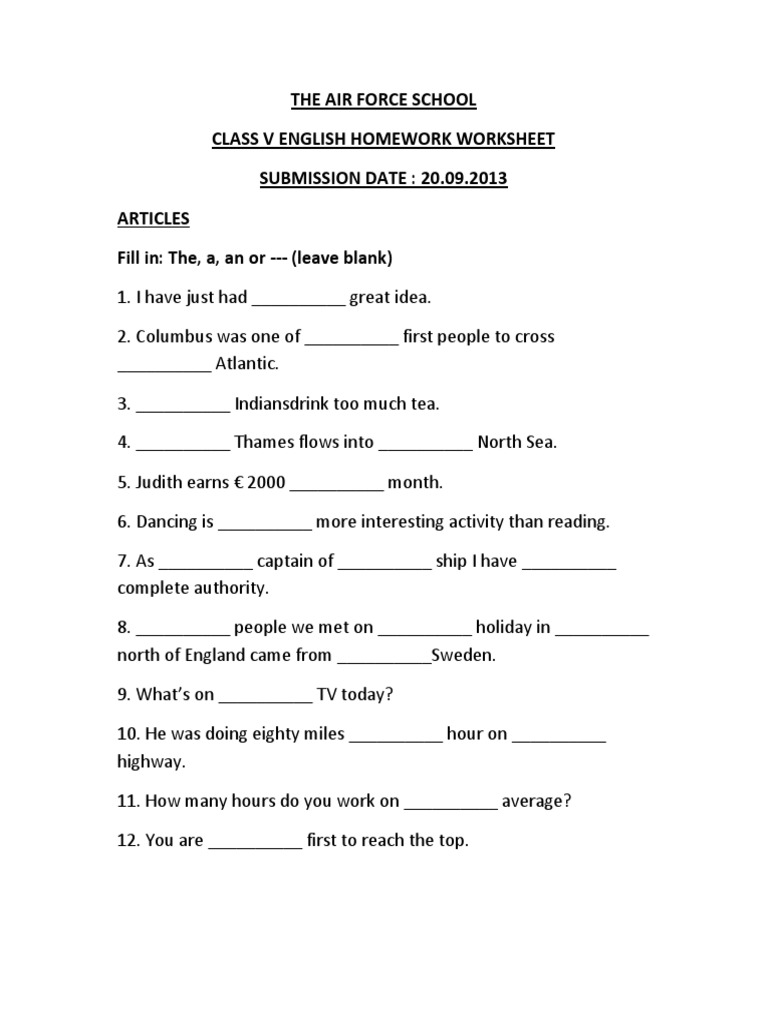 CBSE Class 5 English Worksheet - Articles | PDF