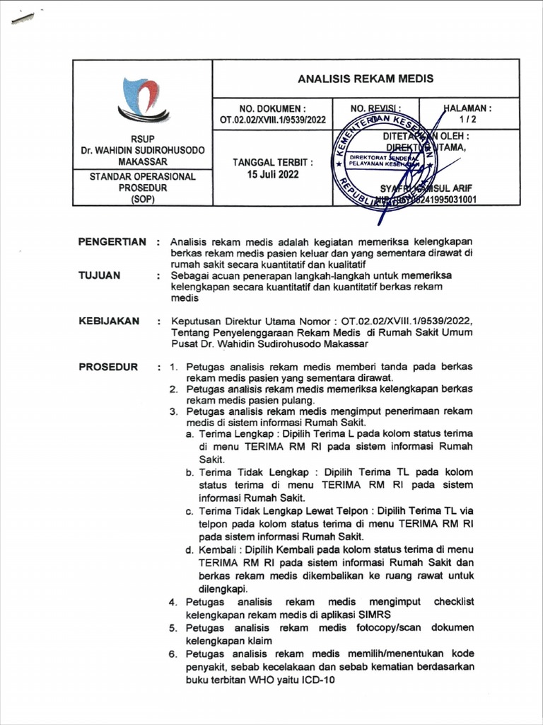 SOP Analisis Rekam Medis 2022 PDF | PDF