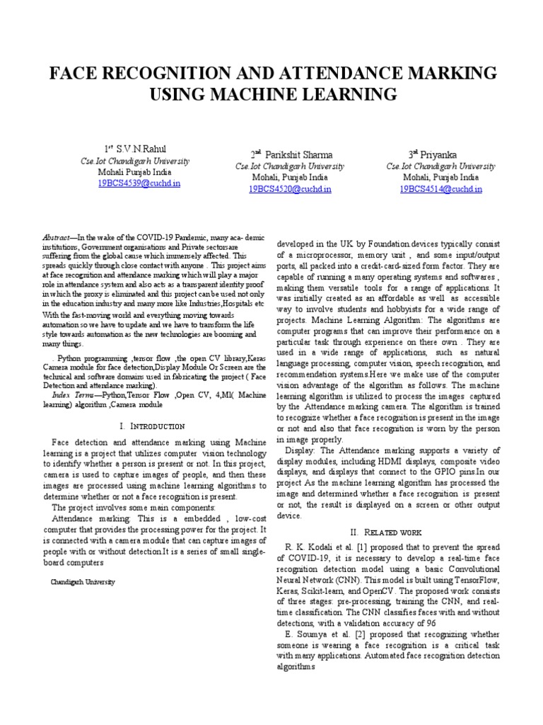 Machine Learning for Face Recognition and Attendance Marking | PDF