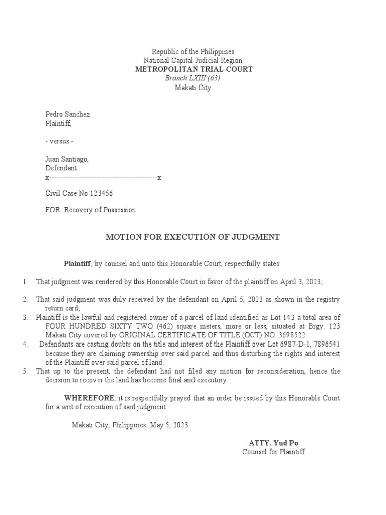 Motion for Execution of Judgment | PDF