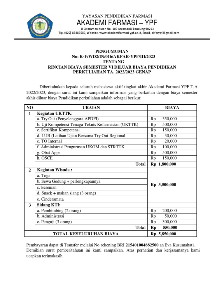 Biaya Akhir Semester Mahasiswa Akfar YPF | PDF