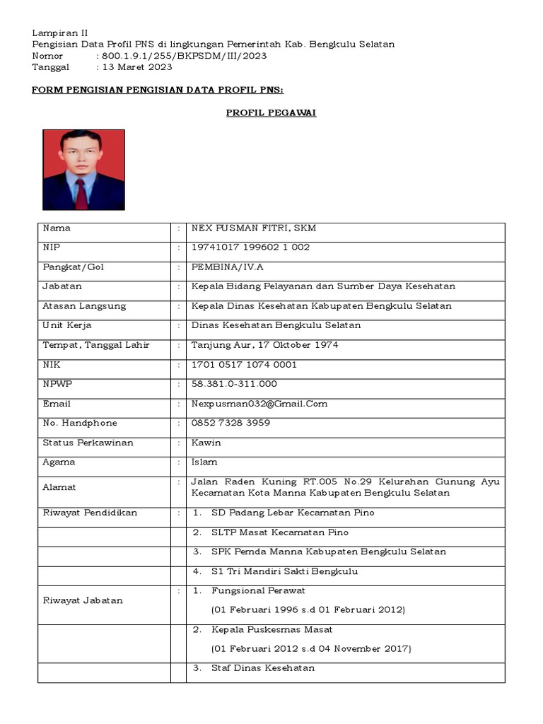 Form Pengisian Pengisian Data Profil PNS (Seksi Yankes 2023) | PDF
