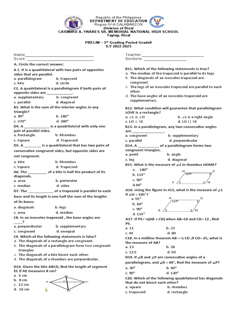 Prelim 3rd QTR Exam With Key 2022 2023 1 1 | PDF