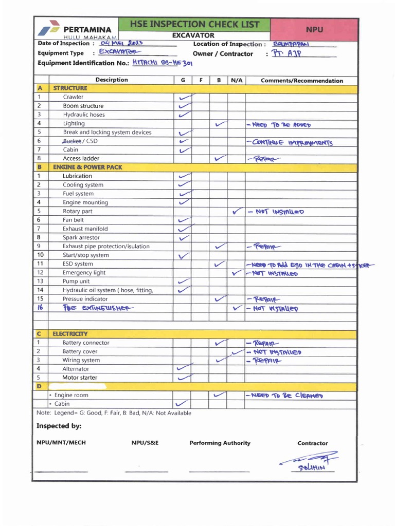 Check List Excavator ESD | PDF