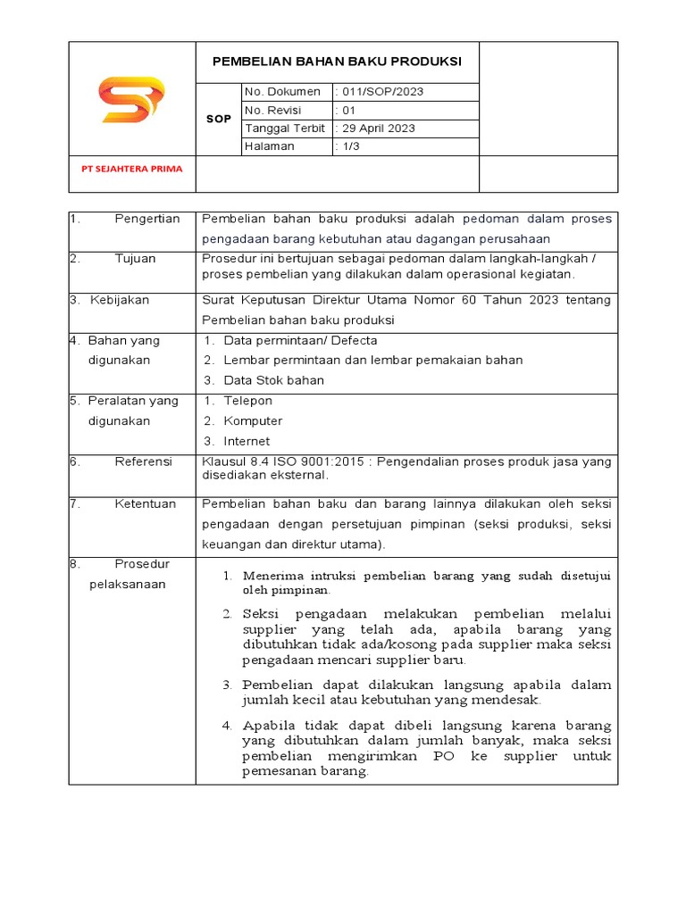 SOP Pembelian Bahan Baku Produksi Fixed | PDF