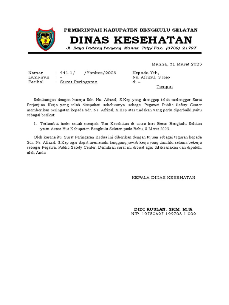 Surat Peringatan Pegawai PSC Bengkulu Selatan | PDF