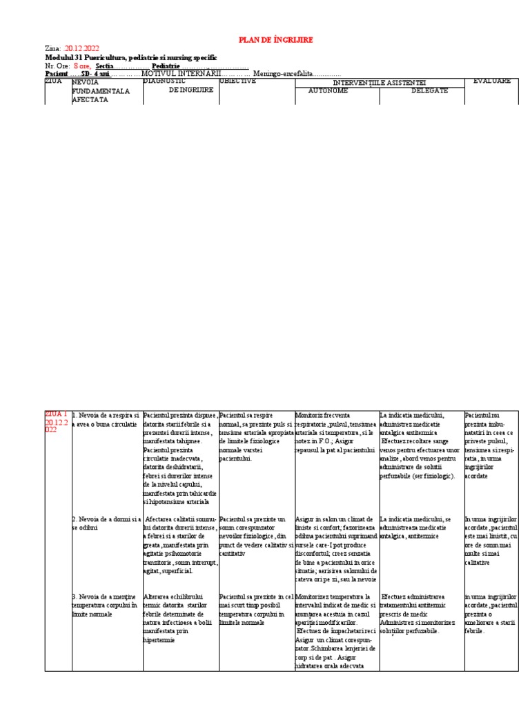 PLAN DE ÎNGRIJIRE Meningo-Encefalita | PDF