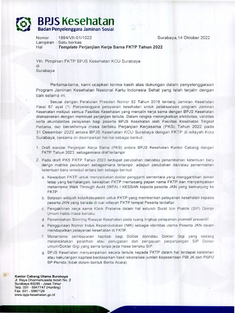 Template Perjanjian Kerjasama FKTP Tahun 2023 (FKTP) PDF | PDF