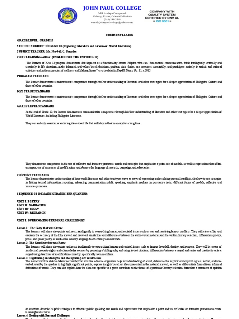 Course Syllabus - Grade 10 | PDF | Career & Growth | Science & Mathematics