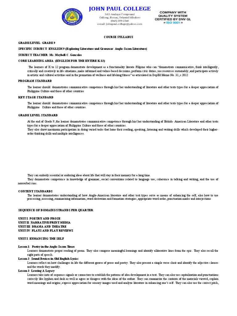 Course Syllabus - Grade 9 | PDF