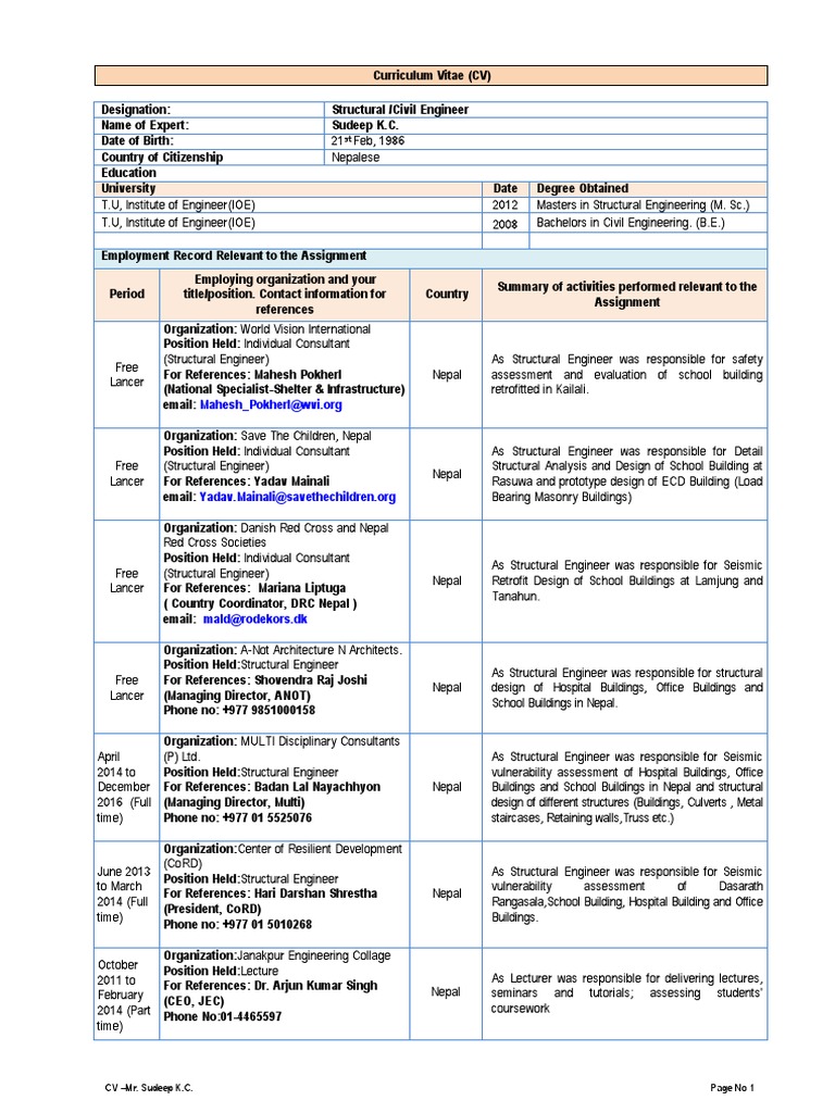 Curriculum Vitae and Experience Profile of Structural Engineer Sudeep K ...