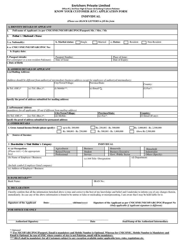 Secp Approved Kyc Application Form Individual Updated Pdf