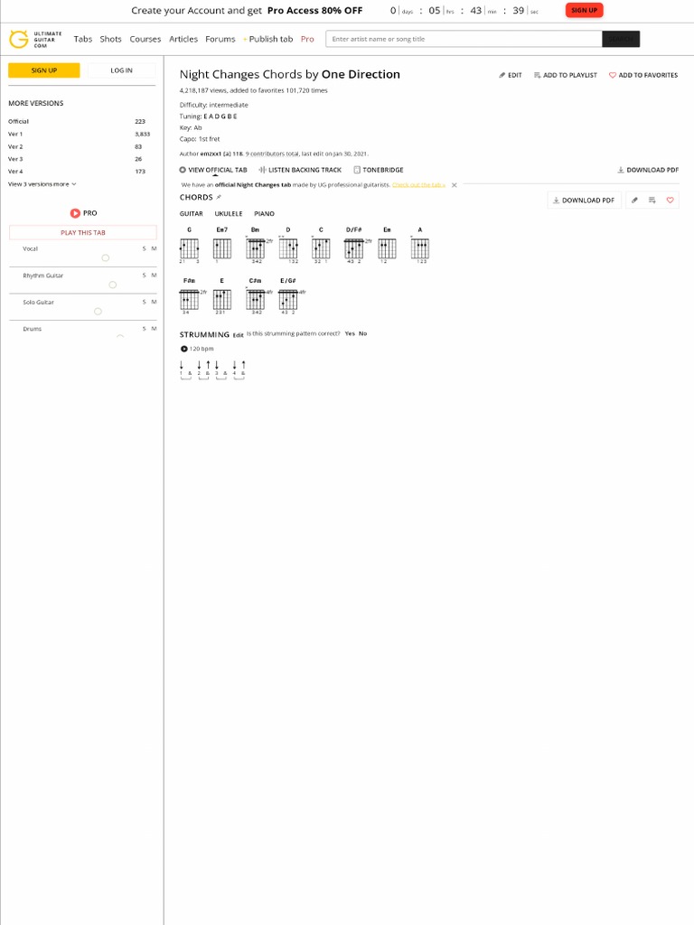 NIGHT CHANGES CHORDS by One Direction For Guitar, Ukulele, Piano at ...