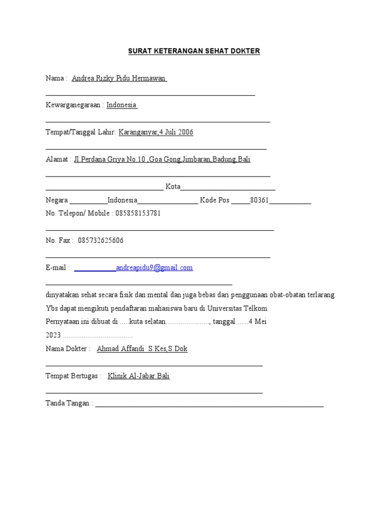 SURAT KETERANGAN SEHAT DOKTER.docx | PDF