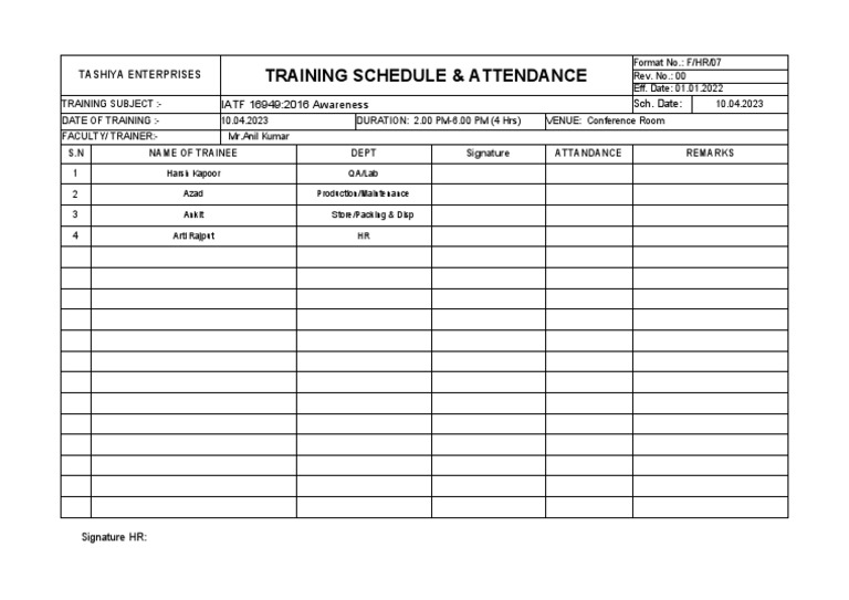 F.HR.04. Training Schedule. 2023-24 | PDF