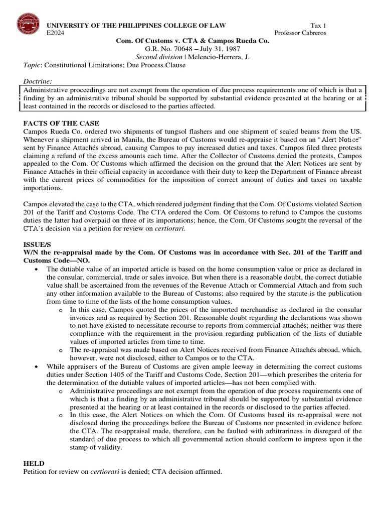 17 Com. of Customs v. CTA & Campos Rueda Co. | PDF | Law