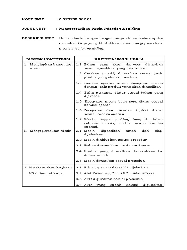 SKKNI Mengoperasikan Mesin Injection Moulding PDF | PDF