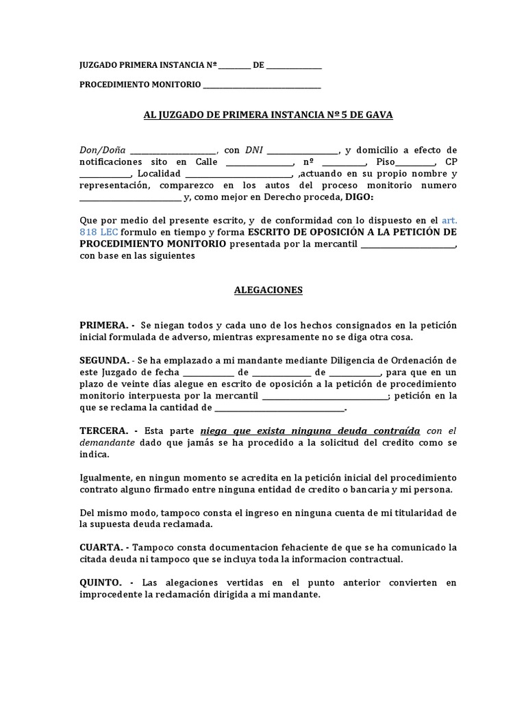 Modelo Oposicion Monitorio PDF | PDF