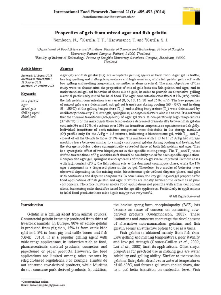 Properties of Gels From Mixed Agar and Fish Gelatin: International Food ...