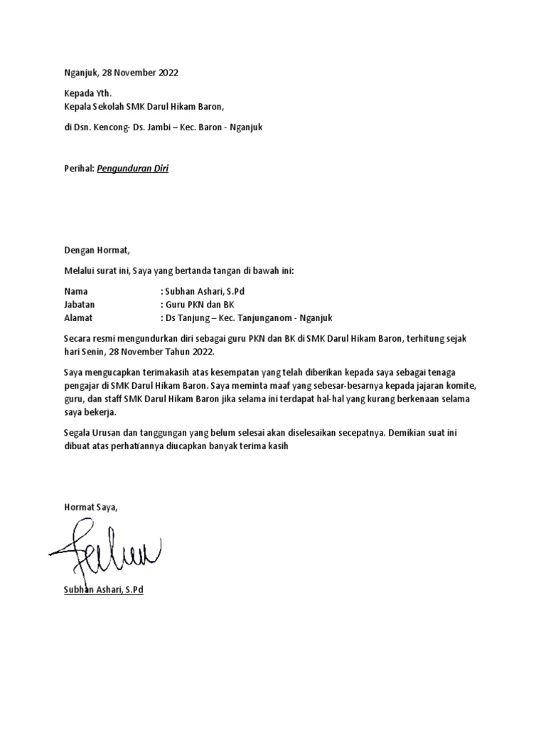 Contoh Surat Pengunduran Diri Guru | PDF