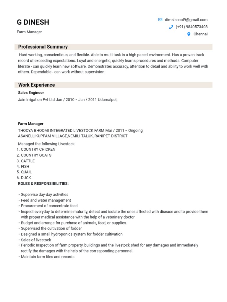 G DINESH Farm Manager Resume 2023 01 25 142701 PDF | PDF | Livestock ...
