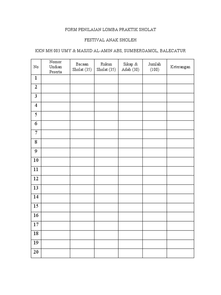 Form Penilaian Lomba Festival Anak Sholeh KKN | PDF