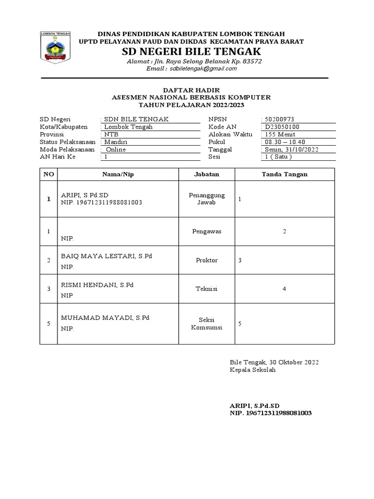 Daftar Hadir ANBK Tahun 2021 | PDF