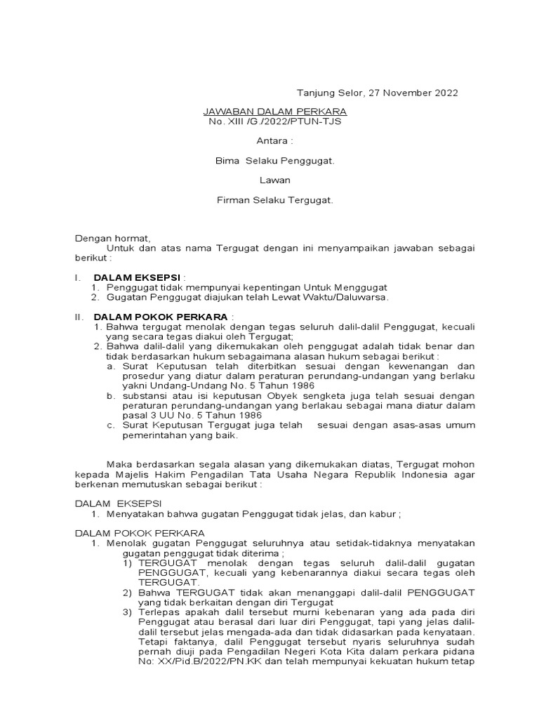 SURAT JAWABAN GUGATAN | PDF