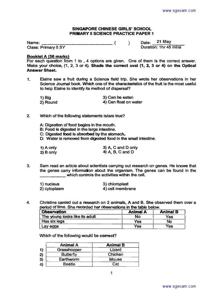 2021-P5-Science-Practice Paper 1-SCGS PDF | PDF | Digestion | Biology