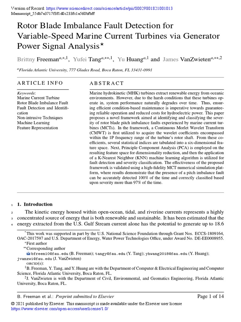 Rotor Blade Imbalance Fault Detection For Variable-Speed Marine Current ...