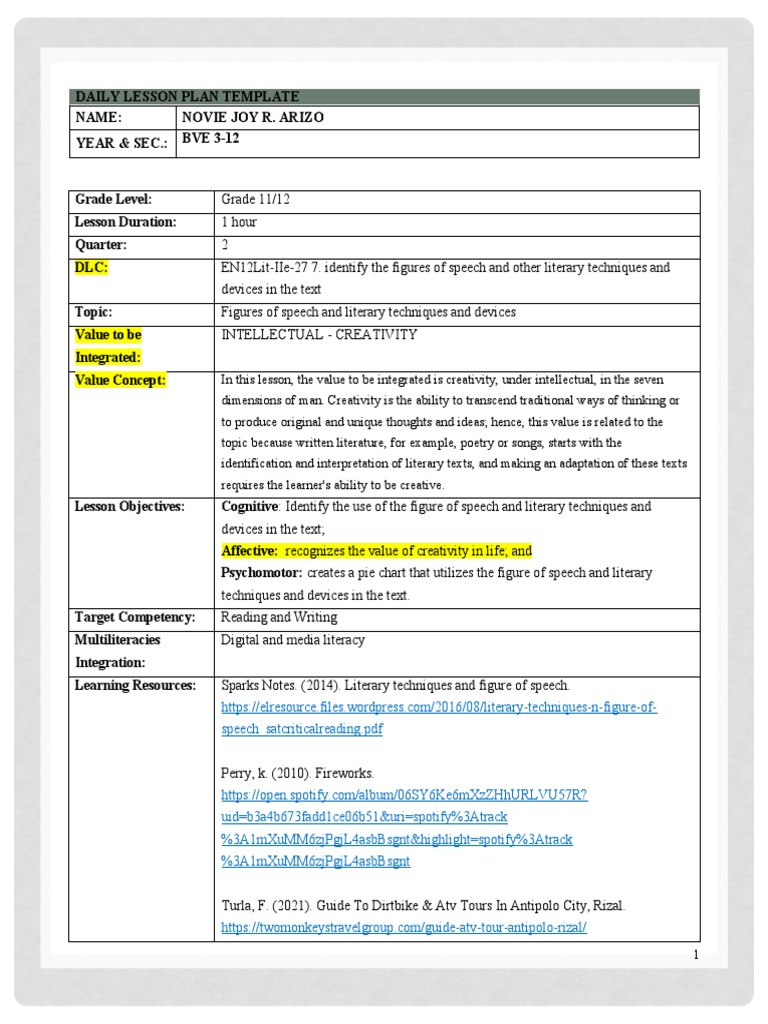 first draft lesson plan | PDF