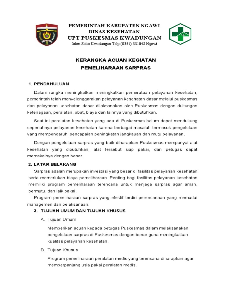 Pemeliharaan Sarpras Puskesmas Kwadungan | PDF