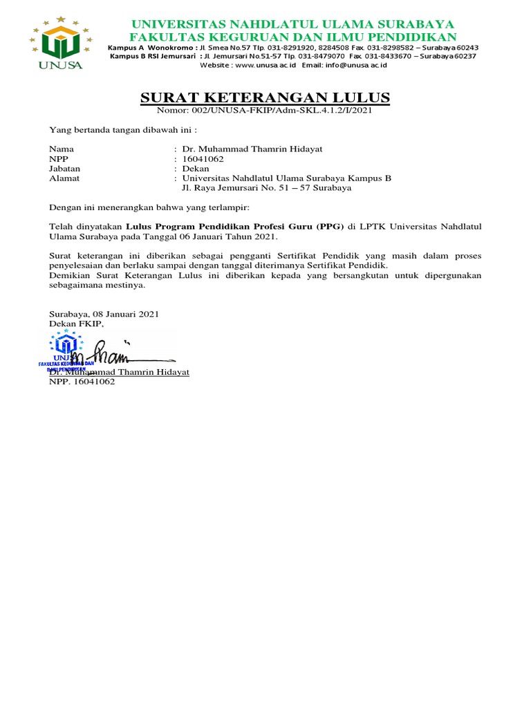 Contoh SKL Program PPG UNUSA | PDF
