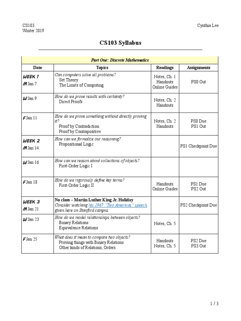 CS103 Winter 2019 Syllabus Overview | PDF