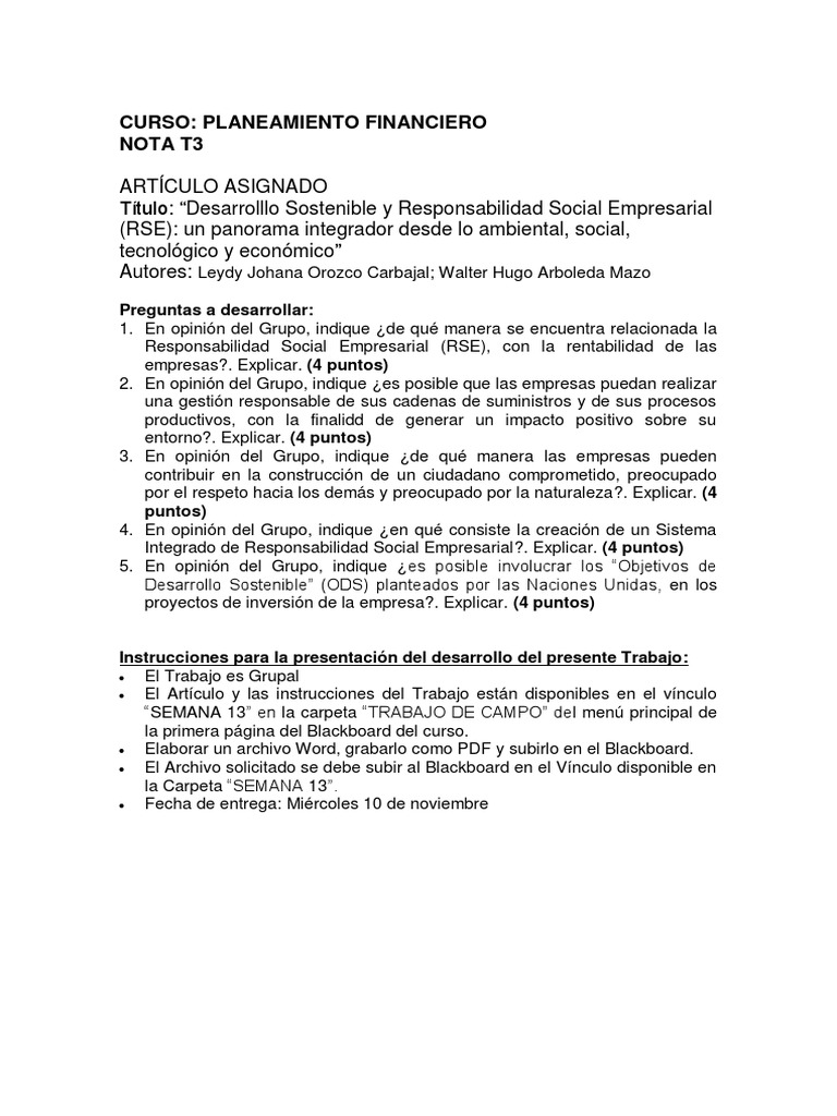 INSTRUCCIONES - DIA MIERCOLES - Articulo Desarrollo Sostenible y RSE - NOTA T3 PDF | PDF