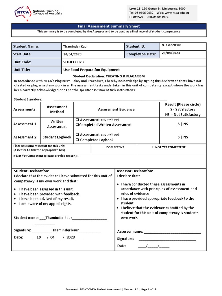 SITHCCC023 - Student Assessment | PDF