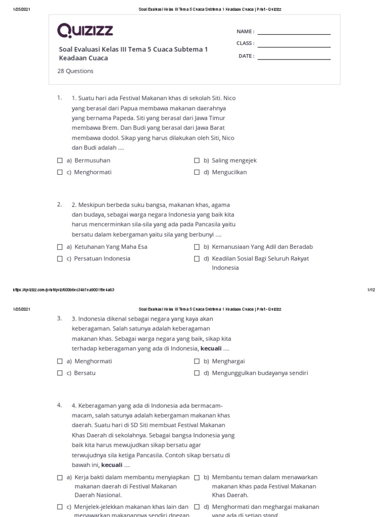 Soal Evaluasi Kelas III Tema 5 Cuaca Subtema 1 Keadaan Cuaca - Print - Quizizz | PDF