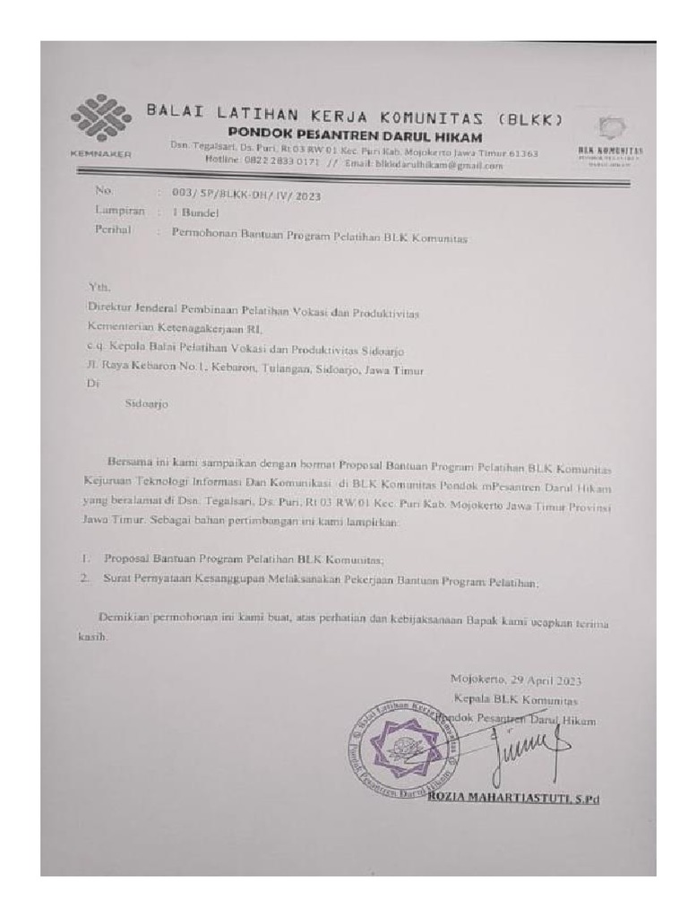 Surat Permohonan Bantuan Program Pelatihan | PDF