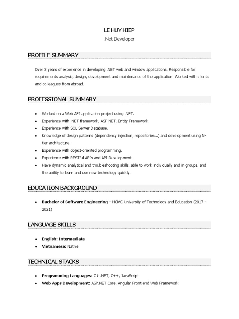 FPT CV HiepLH10-Developer-1 | PDF | Entity Framework | Application Software