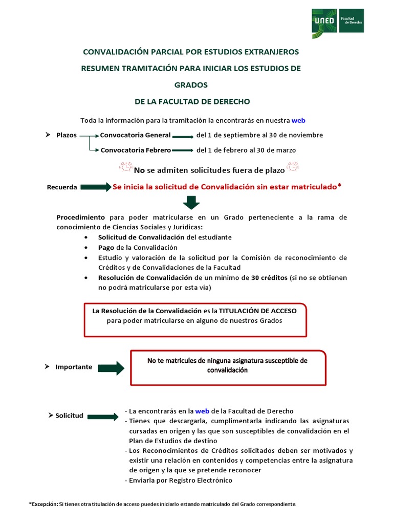 Instrucciones Básicas Tramitación Convalidación Estudios Extranjeros - Fac. Derecho | PDF