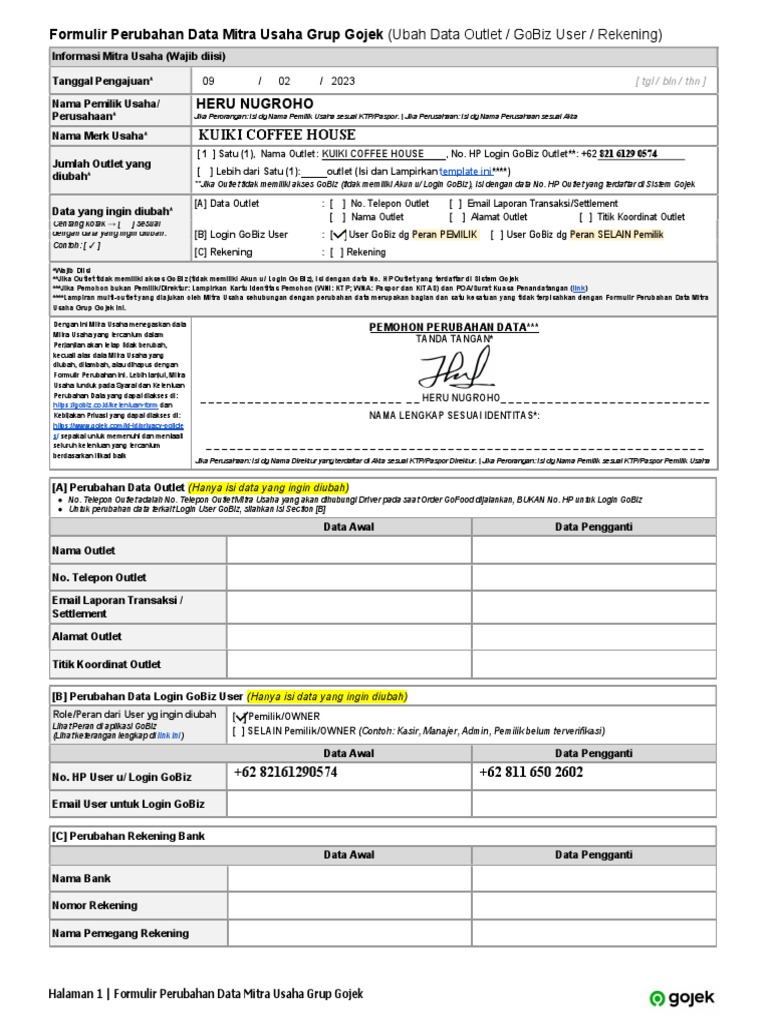 Formulir Ubah Data Mitra Gojek | PDF | Pengelolaan Keuangan & Uang | Hukum